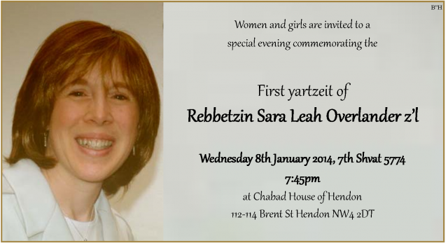 First Yartzeit of Rebbetzin Sara Leah Overlander z'l | Chabad House of ...
